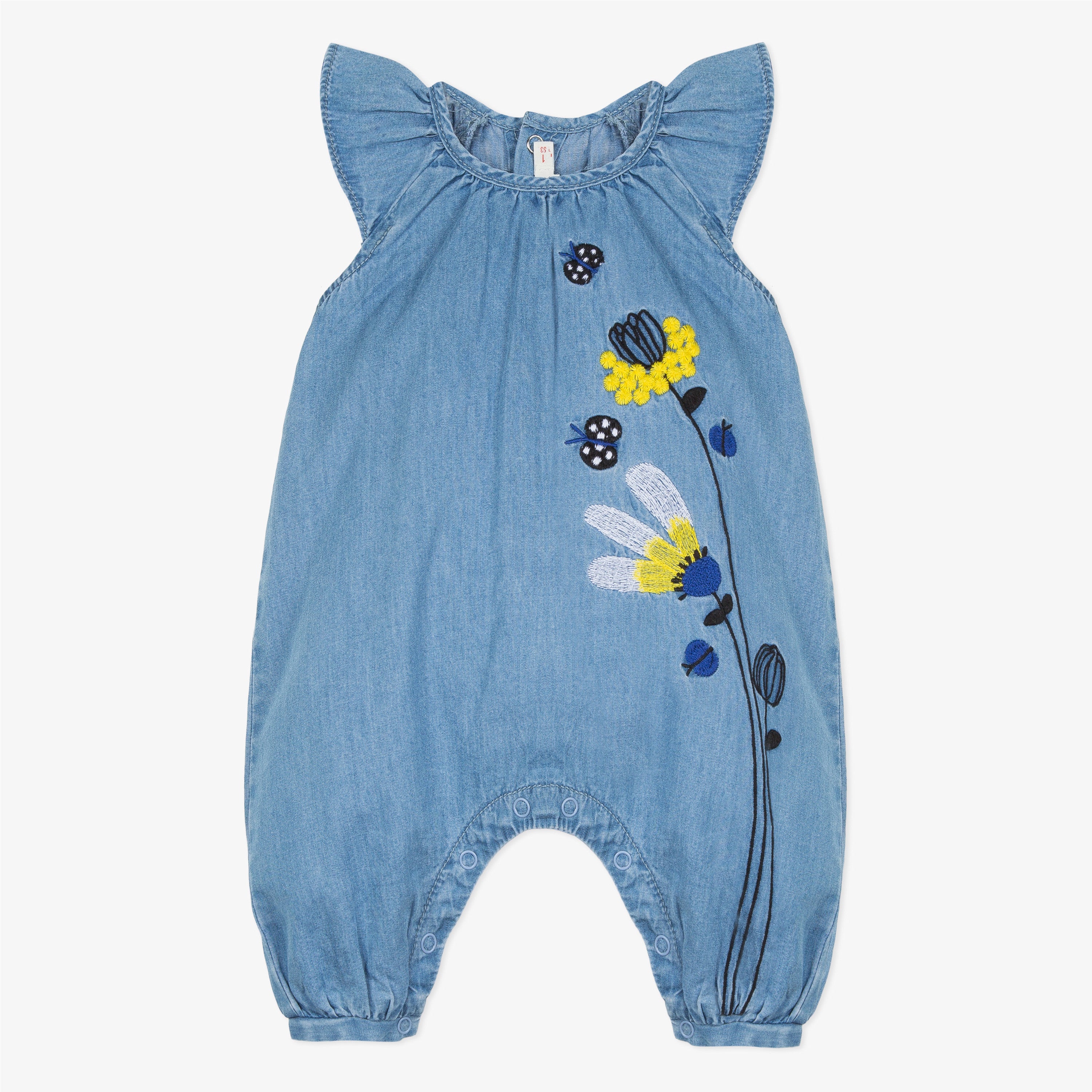 Catimini Baby Girl Light Denim Playsuit with Embroidered Mimosas - Free ...
